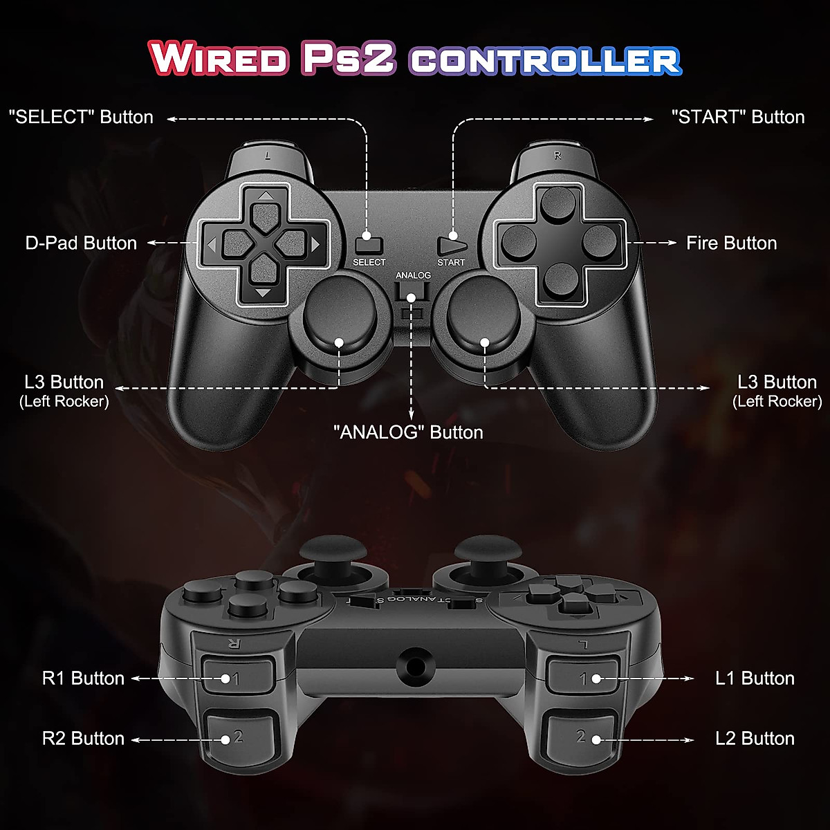 Suncala Wired Controller Compatible with PS2 Console, Black Remote Gamepad with 7.2FT Cable