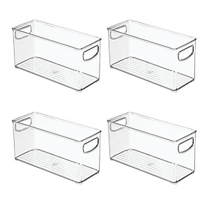 iDesign 4-Piece Recycled Plastic Small Stackable Kitchen Organizer Bin with Integrated Handles for Kitchen, Fridge, Freezer, Pantry & Cabinet Organization, The Linus Collection - 10" x 4" x 5", Clear