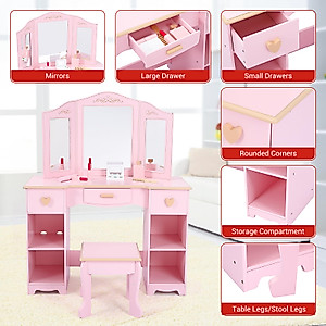 GarveeHome Kids Vanity, Pretend Play Vanity Set with Stool and Tri-Fold Mirror, Little Girl Makeup Desk, Toddler Dressing Table with Storage Drawers and Open Shelves for Girls 3+, Pink