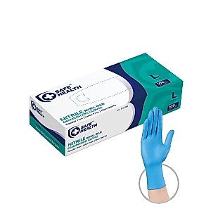 Safe Health Nitrile Exam Disposable Gloves, Latex Free, Powder Free, Blue, Box of 100, Large, Textured, 3.5 mil, Medical Grade, Food, Tattoo, Nursing, Cleaning, School