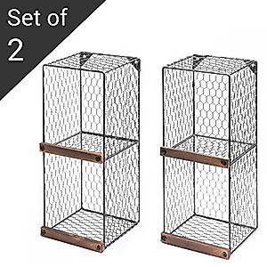 MyGift 2-Tier Black Chicken Wire Metal Hanging Wall Shelves for Storage with Wood Ledges, Farmhouse Freestanding Basket Bins, Set of 2