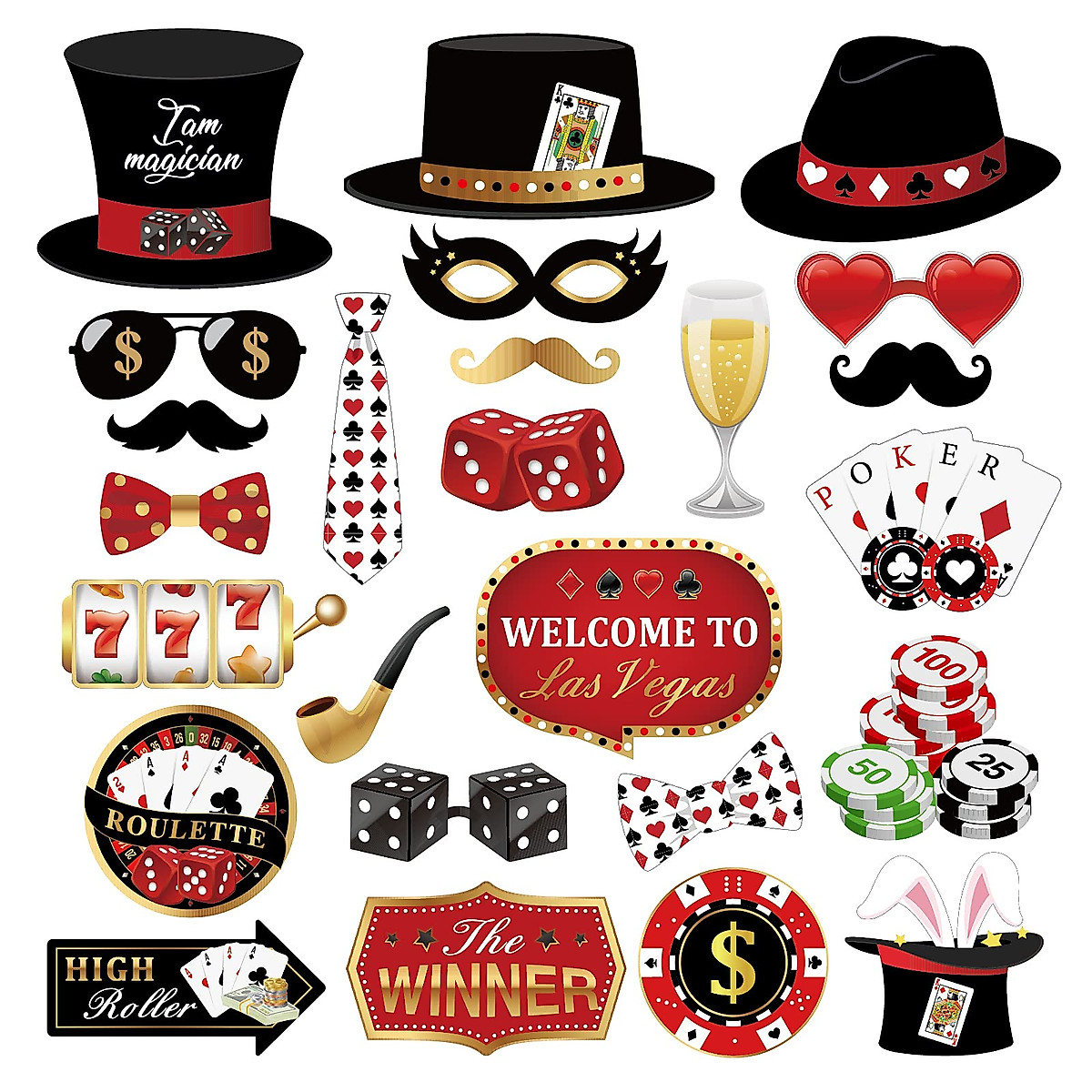25Pcs Texas Hold'em Photo Booth Props with Stick, Las Vegas Selfie Props,777 Party Supplies,Playing Cards Theme Backdrop Decorations