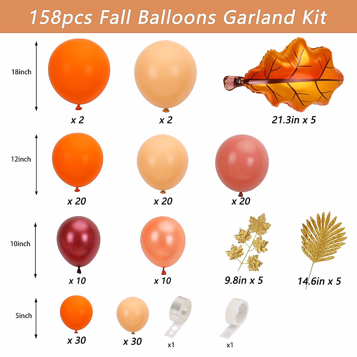 RUBFAC 158pcs Fall Balloons Garland Kit, 18/12/10/5 Inch Orange Balloons with Gold Maple Leaves for Autumn Harvest Theme Party Birthday Thanksgiving Party Decorations