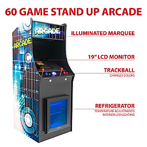 Creative Outdoor Distributor Full Size Stand-Up Commercial Grade Arcade Machine-2 Player, 60 Games, 22 LCD Screen, 2 Sanwa Joysticks, Trackball, Built-in Fridge, 2 Stools Included