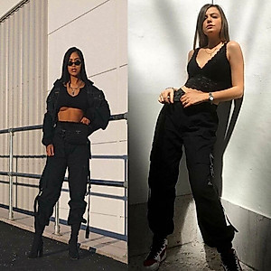 Women Edgy Relaxed Fit High Waisted Cargo Pink Camo Harem Black Pants with Pockets Back to School Outfits for Teen Girls Going Out Tops Black L