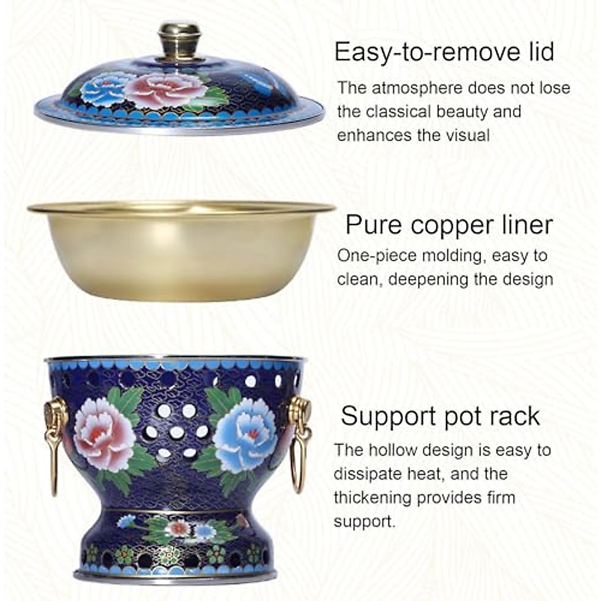 VIDECOR Chafing Dishes Single Person Small Copper Pot Old Beijing Small Fat Cow Hot Pot Chinese Traditional Cloisonne Hot Pot Commercial Alcohol Shares Red Copper Hot Pot,H