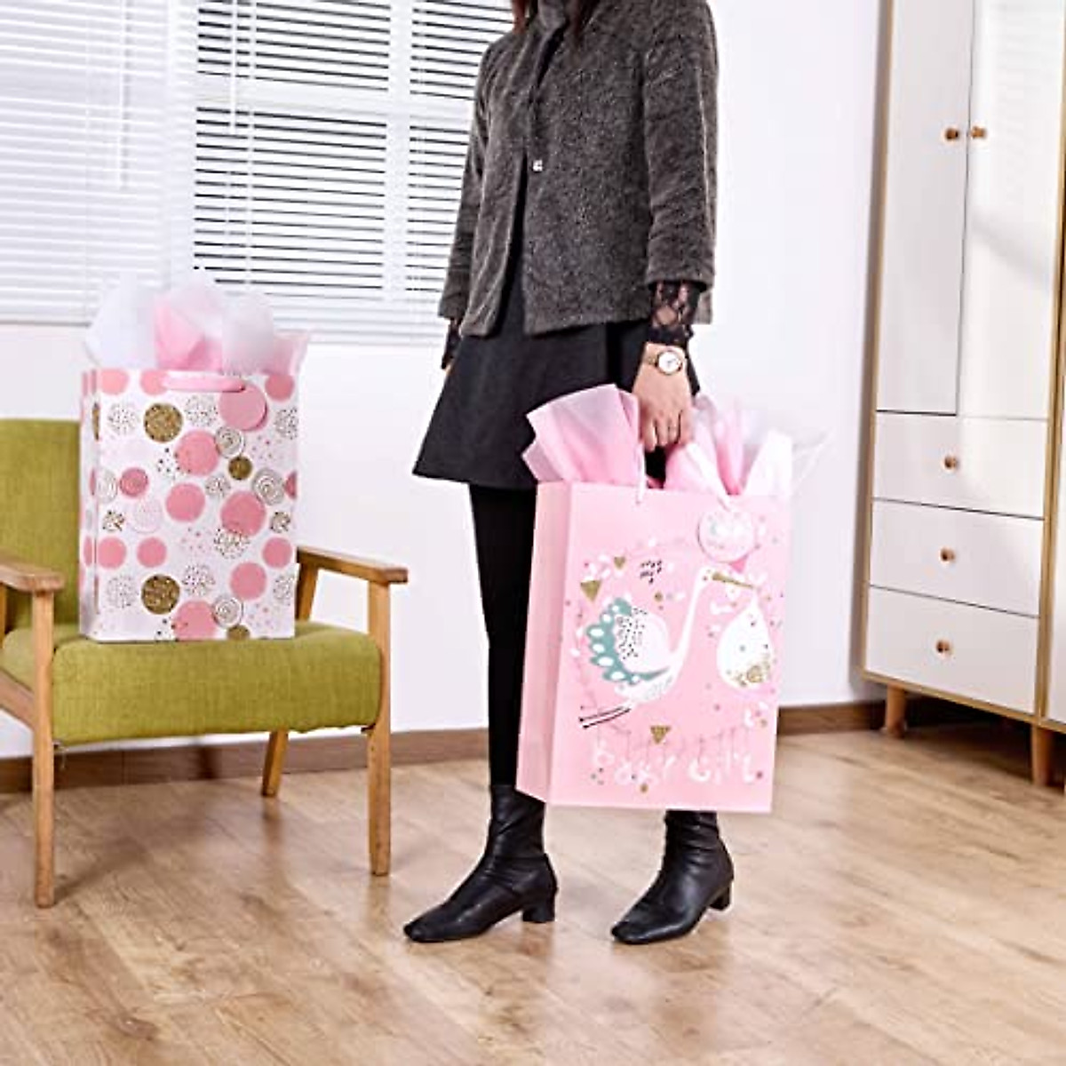 SUNCOLOR 16.5" Extra Large Gift Bags for Baby Shower with Tissue Paper(2 Pack, Baby Girl)