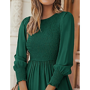 ZESICA Women's Casual Long Sleeve Crew Neck High Waist Smocked Flowy Tiered Midi Dress,DarkGreen,Large