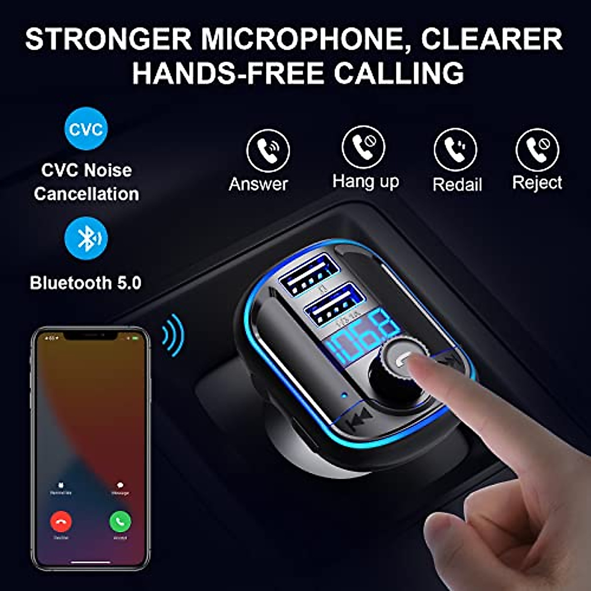 Bluetooth FM Transmitter for Car - Bluetooth Car Adapter Radio Transmitter, Dual USB Car Charger, MP3 Music Player Bluetooth 5.0 Car Kit with Breathing Light, Hands-Free Calls Siri Google Assistant