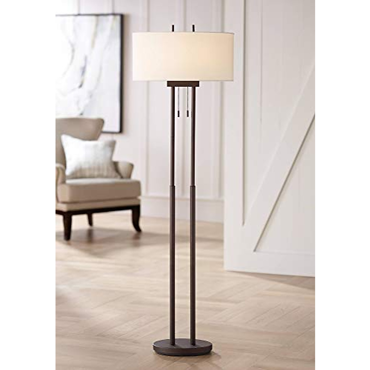 Franklin Iron Works Roscoe Modern Standing Floor Lamp 62" Tall Oil Rubbed Bronze Brown Twin Poles White Fabric Hardback Oval Shade Decor for Living Room Reading House Bedroom Office
