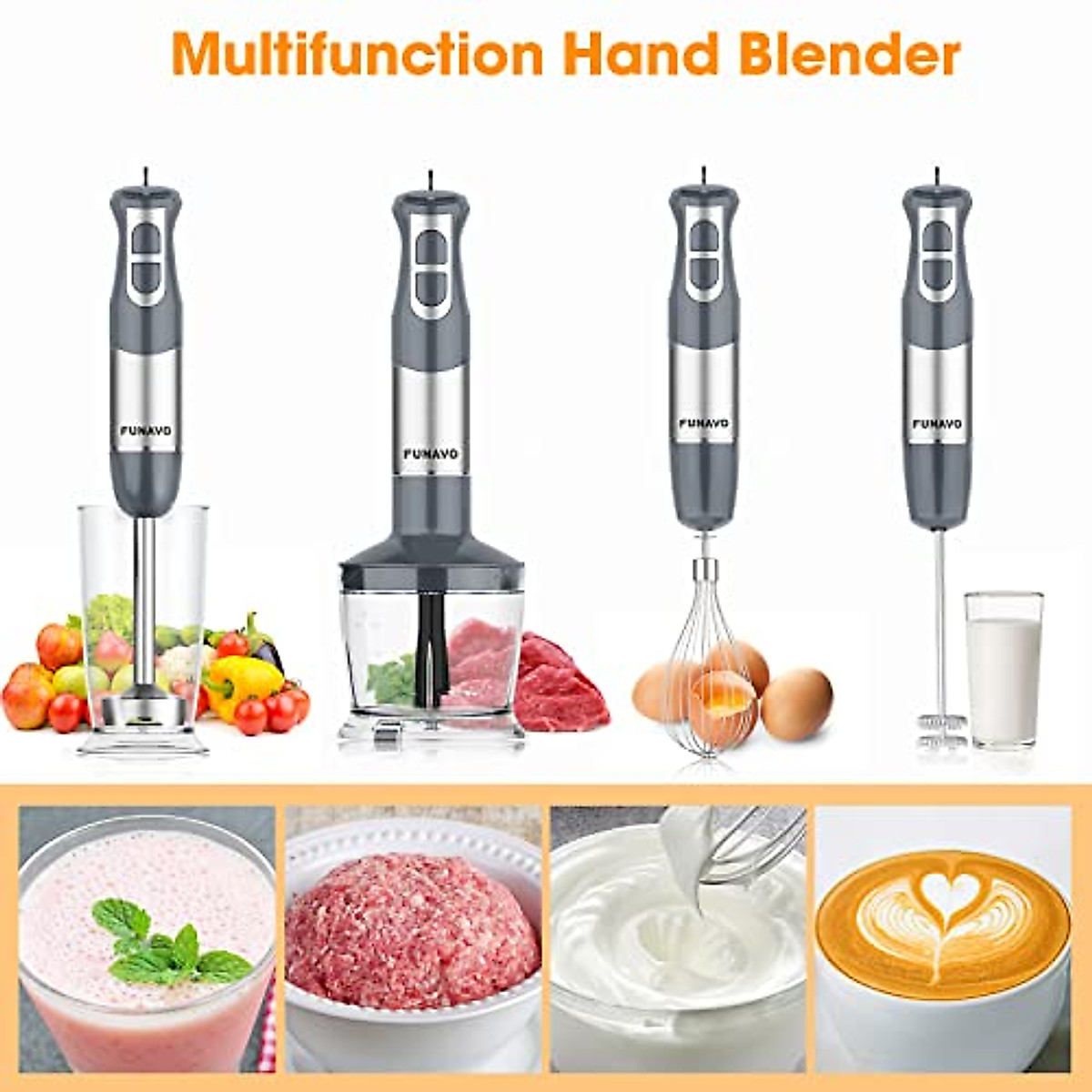FUNAVO.vo Immersion Blender, 800W 5-in-1 Hand Blender 12 Speed 304 Stainless Steel Stick Blender with Turbo Mode, 600ml Beaker, 500ml Chopping Bowl, Whisk, Milk Frother, BPA-Free(Grey)
