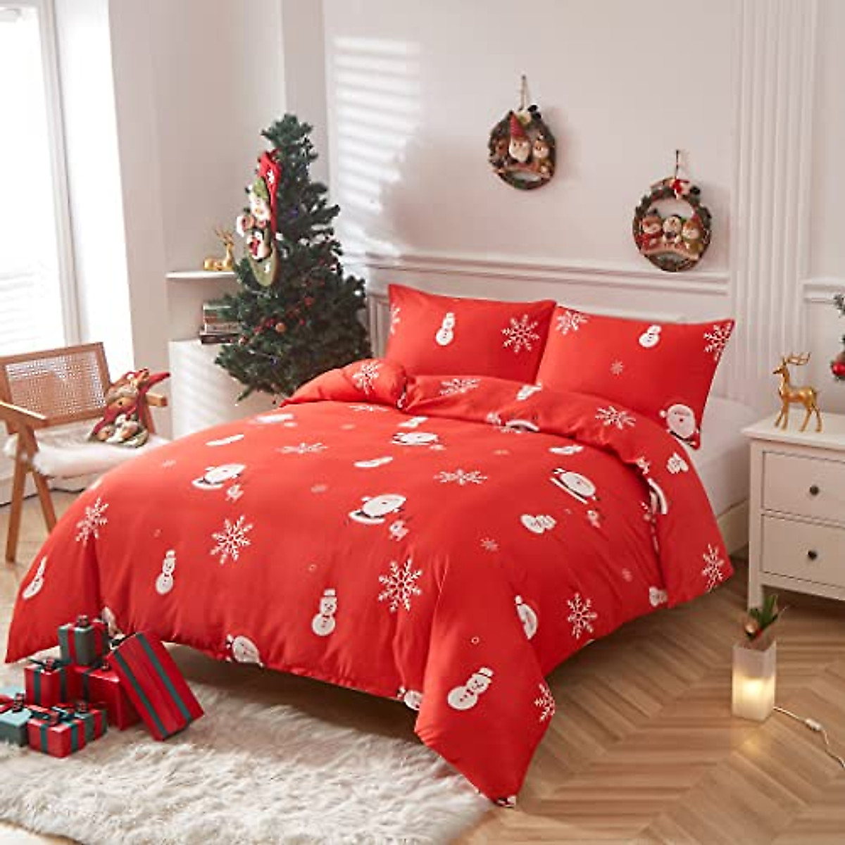 LAMEJOR Christmas Red Duvet Cover Set Queen Size Soft Holiday Decor, Christmas Theme Santa Claus/Snowmen/Snowflakes Pattern, 1 Duvet Cover and 2 Pillow Cases