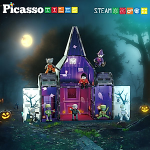 PicassoTiles Haunted House Theme Magnet Tile Building Blocks 8 Action Figures Magnetic Construction Toy Double Sided Printing Education STEM Learning Playset Halloween Adventure Kid Ages 3+ PTQ03