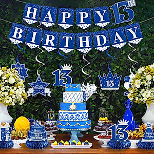 PRE-STRUNG Official Teenager 13th Birthday Decorations for Boys Girls, Happy 13th Birthday Letter Banner Sign Hanging Swirls Honeycomb Centerpieces Kit Blue, 13 Year Birthday Party Backdrop, PHXEY