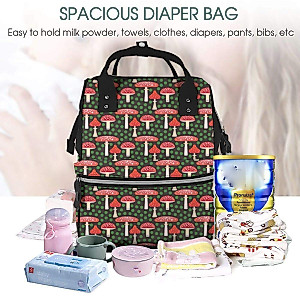 Green Polka Dot Mushrooms Diaper Bag Backpack, Multi Function Nappy Bag Large Capacity Mommy Backpack Organizer for Baby Care Baby Bag for Mom and Dad