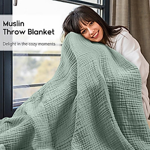 Yoofoss Muslin Blanket 100% Cotton Summer Blanket Large Twin Size 60" x 80" for Bed Couch 6-Layer Gauze Blanket for Adults Lightweight and Breathable Dark Green