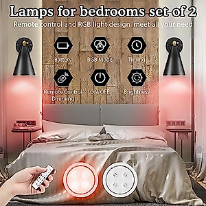 Battery Operated Wall Sconce, Wireless Wall Lights Set of 2, 13 RGB Colors Dimmable Battery Powered Wall Lamp Fixture with Remote Control, Memory Function, Auto Timer for Bedroom, Living Room, Hallway