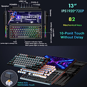 Kwumsy K3 Touchscreen Gaming Mechanical Keyboard - 82 Keys Portable USB Wired RGB LED Backlit N-Key Compact Keyboard, Keyboard With 13" Foldable 0-90 Degree Portable Screen, Plug and Play for Wins Mac