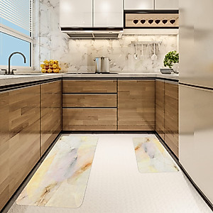 RYANZA 2 Pieces Kitchen Rugs, Abstract Anti Fatigue Non Slip Foam Cushioned Art Bright Yellow Modern Pale Comfort Indoor Floor Mat Runner Rug Set for Laundry Office Sink Bathroom (17"X48"+17"X24")