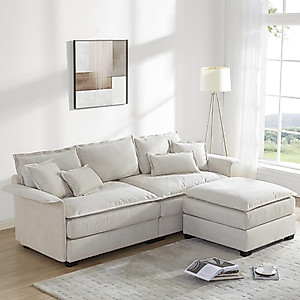 GNIXUU 95" L Shaped Sectional Sofa Couch for Living Room, Modern Tech Cloth Farbic 3 Seat Cloud Couch with Deep Seat and Ottoman, Comfy Upholstered Modular Sofa for Apartment, Office(Beige)