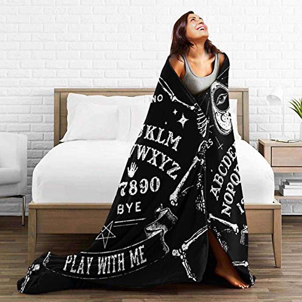 Cozy Soft Easter Blanket Flannel Fleece Spring Throw Blanket for Kid with 3D Print for Couch Bed Sofa Great Travel Campping Blanket Vintage Skeleton Magic Ouija Board Black (50" x40)