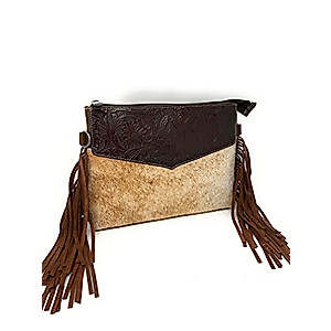 Texas West Handcrafted Genuine Leather Western Cowhide Womens Fringe Clutch Crossbody Bag in 2 Colors (Coffee)