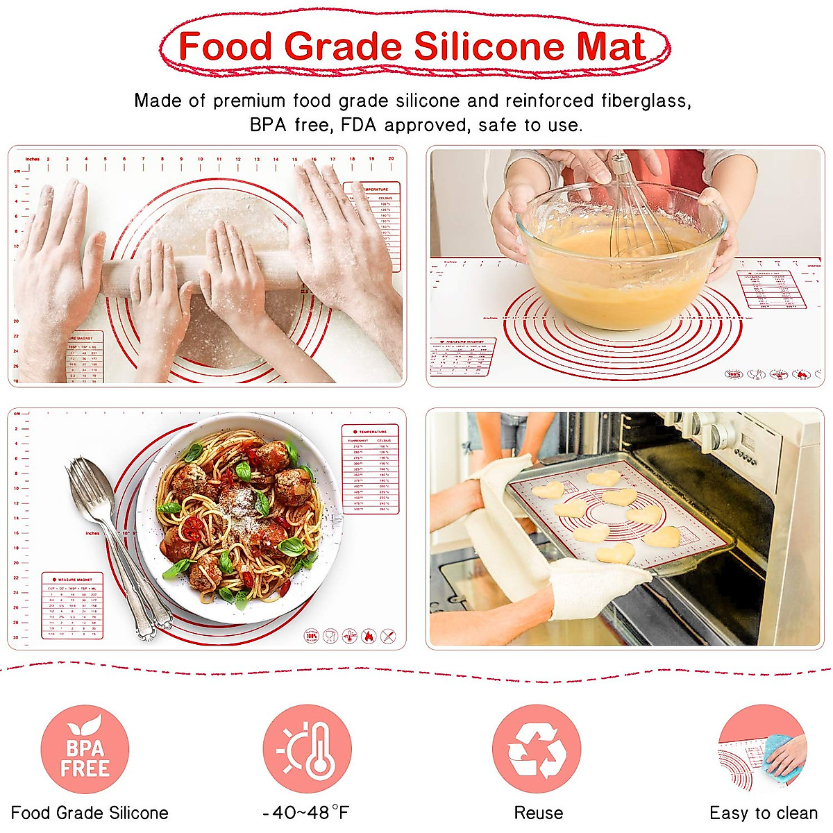 Mixoo Silicone Baking Mat with Wooden Rolling Pin Set - Non-Stick Food Safe Dough Rolling Pastry Mat with a French Rolling Pin and 2 Dough Scrapers for Baking, Fondant, Pie Crust, Pizza, Bread, Cookie