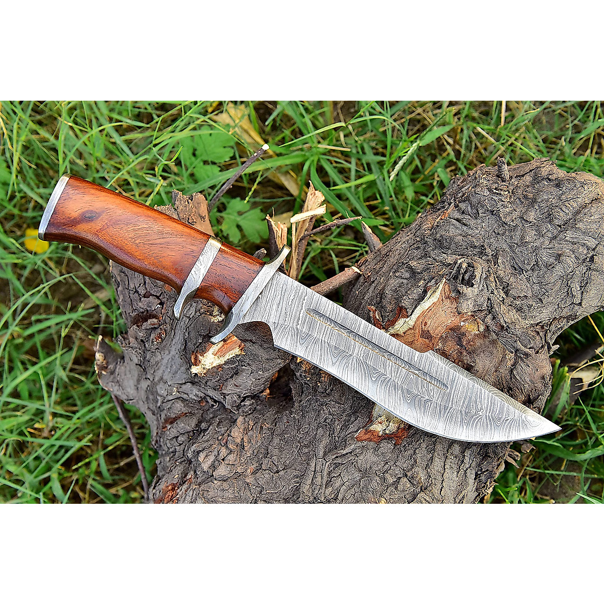 Damascus Hunting Knife, Handmade Full Tang Knife - Wood Handle Knife, Hand Forged Fixed Blade Knife & Bowi Knife - Camping Knives & Hiking Knives, Rose Wood Handle - Leather Knife Sheath