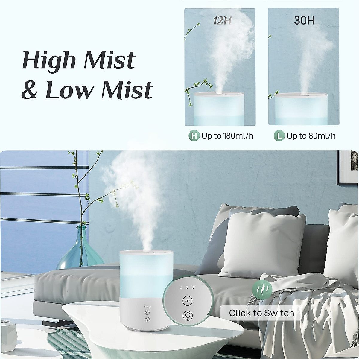 2500mL Cool Mist Humidifiers for Bedroom, Essential Oil Compatible, 7-Color Light, 25dB Quiet Run Up to 30H, BPA-Free Humidifiers for Large Room Plants Baby Room, Auto Shut Off, Easy to Clean