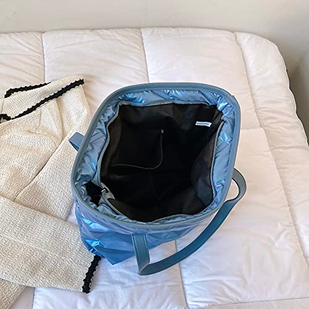 AZURAOKEY Puffer Tote Bag for Women, Quilted Cotton Padded Handbag, Women Shoulder Bags Soft Large Capacity Top-handle Bags Warm Zipper Simple Portable Lightweight for Girls Shopping-Blue