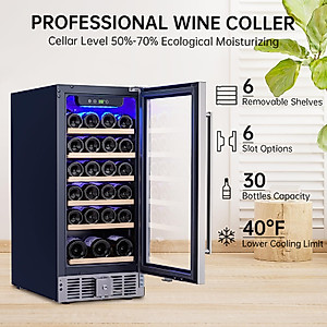 Takywep 30 Bottles Wine Fridge Under Counter, 15 Inch Wine Cooler with 40～60°F Digital Temperature Control, Safety Lock, All Wood Removable Shelves, Stainless Steel+Glass Door, Built-In Wine Cellars