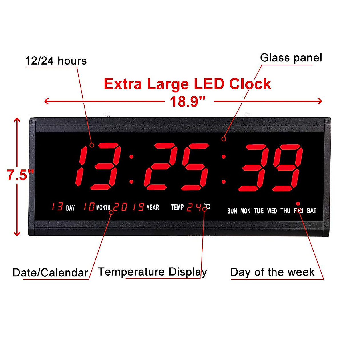 18.9 Inch Oversized LED Digital Wall Clock Large Display with Indoor Temperature Date and Day of Week,Electric Wall Clock/Calendar Timer Home Decor -Red