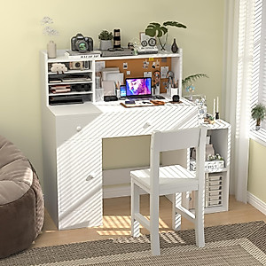 NKUGCFC White Kids Desk and Chair Set for 5-12 Year Old, Childrens Computer Desk with Bulletin Board, Kids Study Table with Chair, Drawers and Cabinets-0UT2bw