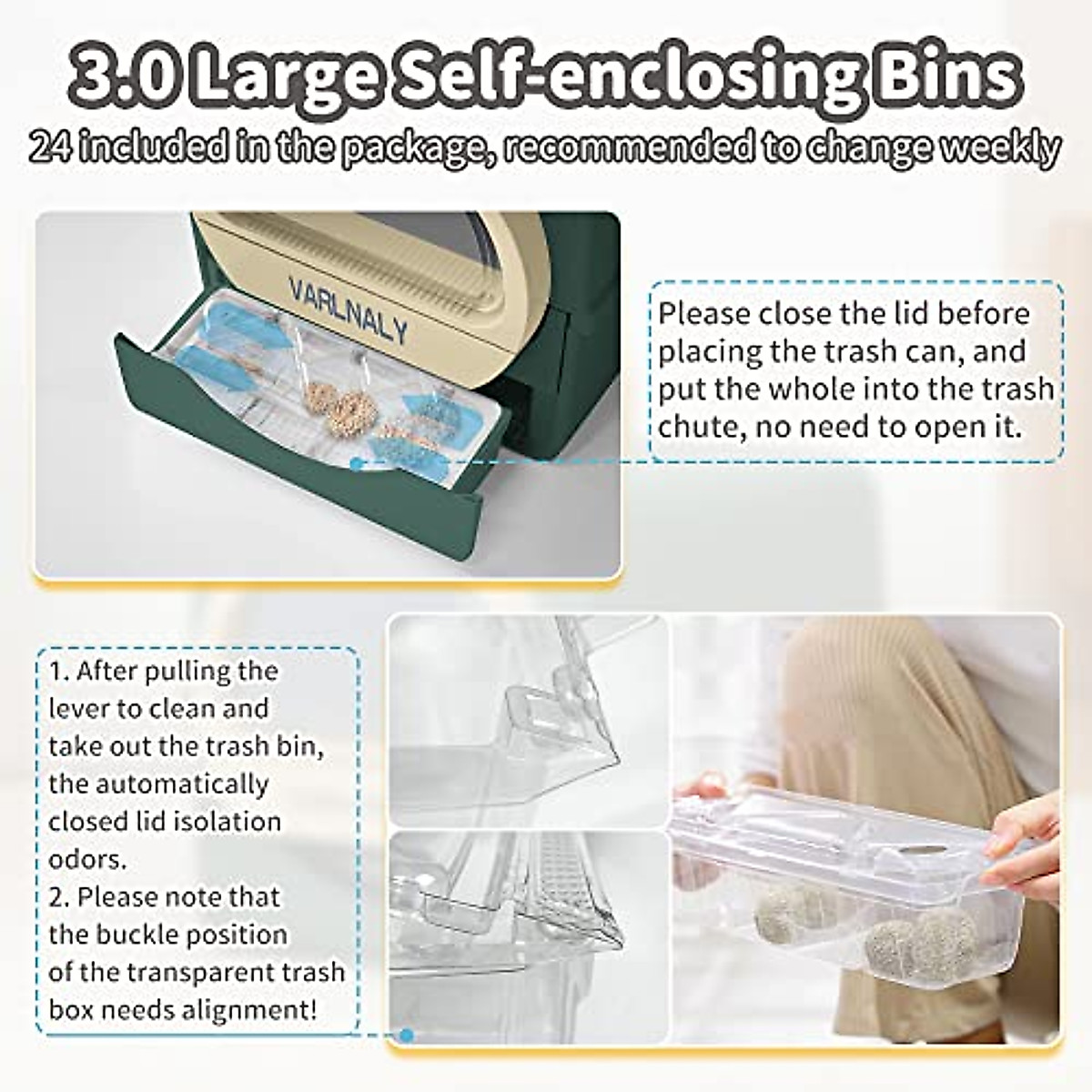 VARLNALY 3.0 Large Self-Cleaning Cat Litter Box, Pull-Out Non-Electric Automatic Cat Litter Box with Lid(24PCS Trash Box), One-Piece Base Prevents Urine＆Litter Leakage, Enclosed Isolates Odor(Green)