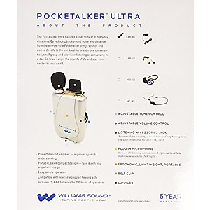 Williams Sound PockeTalker Ultra w/Headphone & Free Wide Range Earphone