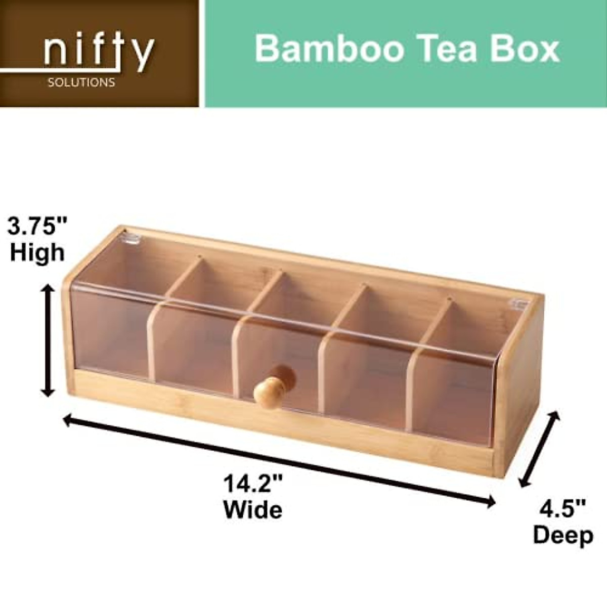 Nifty Solutions Bamboo Tea Box | 5 Compartment Tea Bag Storage | Stores up to 100 Tea Packets | Natural Wooden Tea Box | Tea Storage Containers | Organize Tea, Jewelry & Small Items