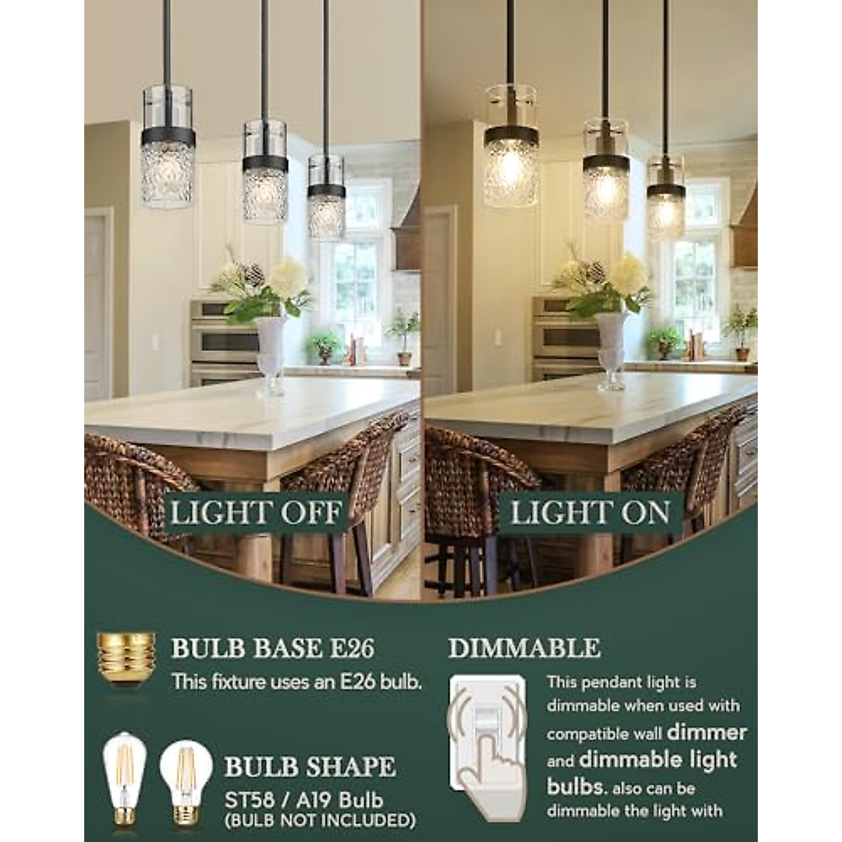 LMS Black Pendant Lights, Modern Industrial Pendant Lighting for Kitchen Island with Hammered Glass, LMS-172