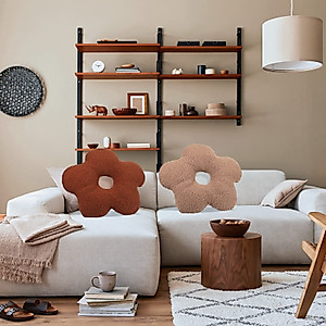 2 Pcs Flower Shaped Throw Pillow 17.7 Inch Flower Pillows Nordic Style Decorative Throw Pillows Cute Flower Floor Cushion with Soft Plush for Couch, Bed, Living Room, Office Decor (Khaki, Brown)