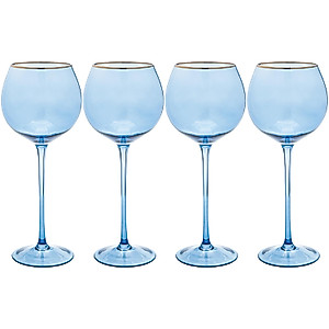 Vikko Wine Glasses, 17 Ounce Blue Wine Glass with Gold Rim, Set of 4 Stemmed Wine Glasses for Red and White Wine, Colored Wine Glasses, Glasses for Wine