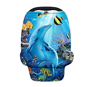 AFPANQZ Dolphins Baby Car Seat Covers for Girls All Weather Multifunctional Infant Car Seat Canopy Nursing Breastfeeding Scarf Shield Soft Breathable Stretchy 360 Coverage for Babies Teal Blue