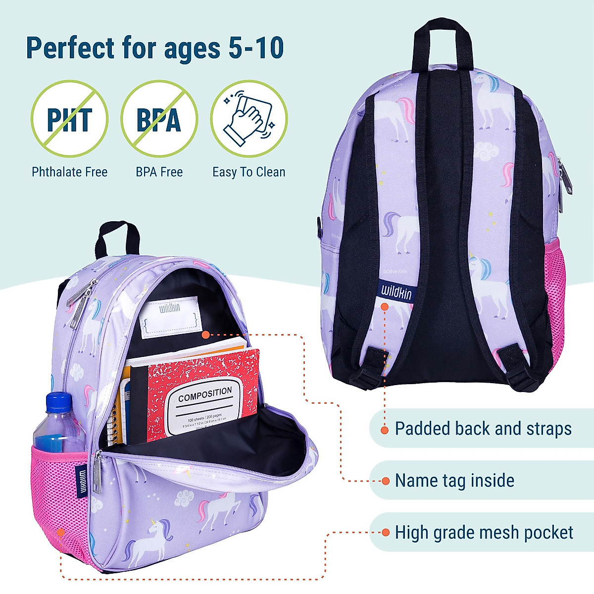 Wildkin 15-Inch Kids Backpack for Boys & Girls, Perfect for Early Elementary, Backpack for Kids Features Padded Back & Adjustable Strap, Ideal for School & Travel Backpacks (Unicorn)