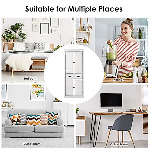 MAT EXPERT Kitchen Pantry Cupboard Cabinet, Storage Cabinet w/Drawers & Adjustable Shelves, 4-Door Wooden Storage Organizer for Kitchen (White)