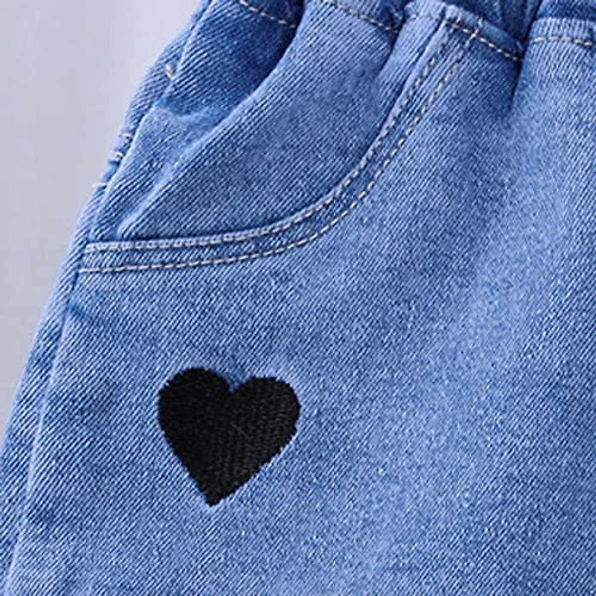 QinCiao Baby Toddler Girls Roll Hem Denim Shorts Elastic Waist Embroidery Bottoms Jeans Hot Pants Heart 18-24 Months