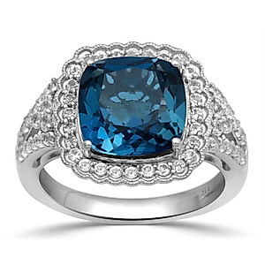 Jewelili Sterling Silver 10 MM Cushion Shape London Blue Topaz, Round White Topaz and 1.5 MM Round Emerald Stone on Both Side Halo Ring, Size 7