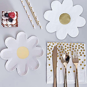 80Pcs Daisy Plates and Napkins, 7inch Paper Flower Shape Gold Foil Dishware Set Disposable Dessert Tableware for Daisy Party Decorations Daisy Baby Shower