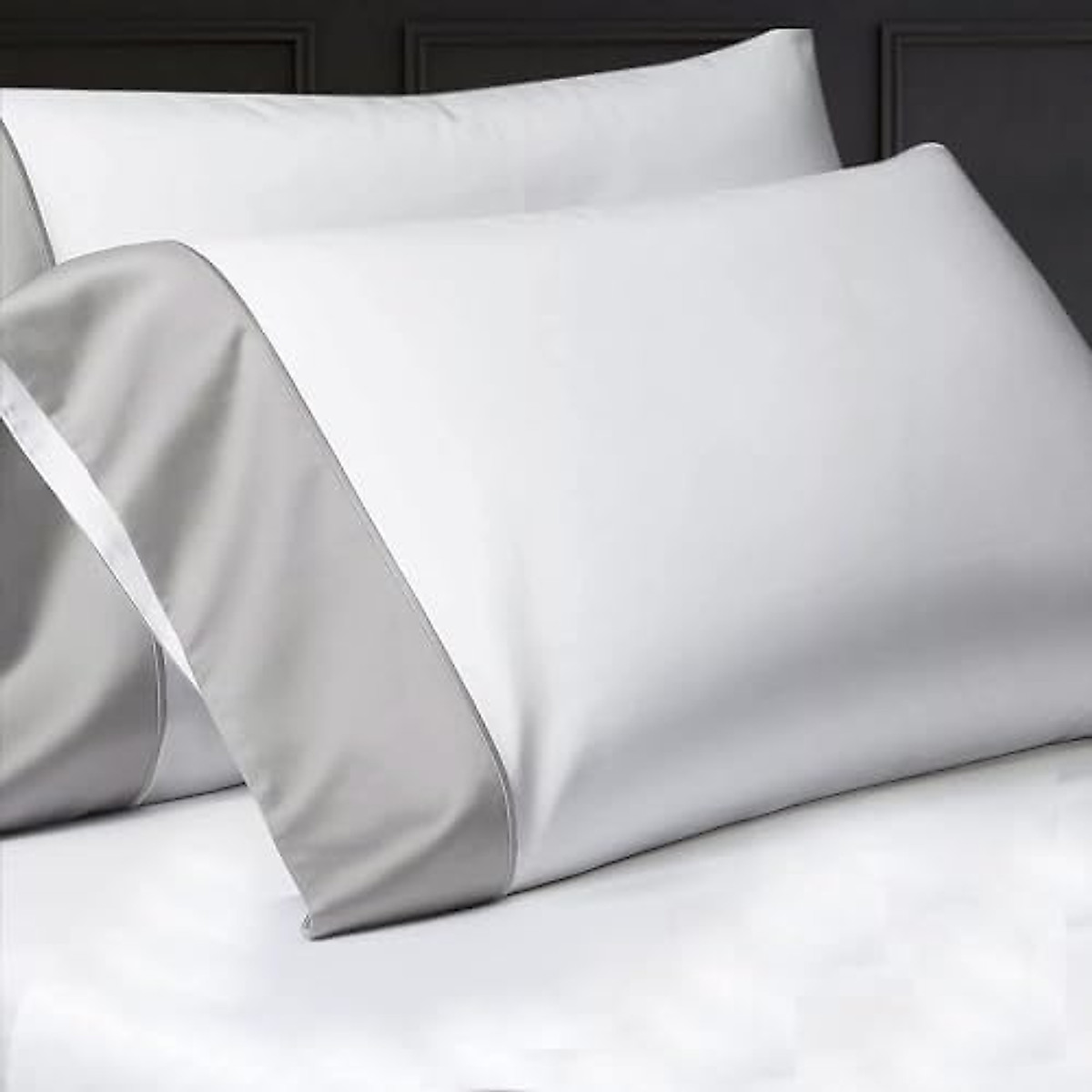 BEDLAM 100% Cotton Sheets - Hotel Style, Luxurious, 800TC White Cotton Sheets with a Grey Italian Border - 6pc Sateen Bed Sheets Set, Includes 4 Cotton Pillowcases - Queen Size Sateen Cotton Sheet Set