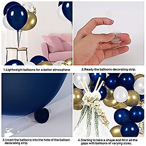 Navy Blue and Gold Confetti Balloons Party Decoration Supplies 70pcs 12 inch Gold Metallic Pearl White Balloons for Navy Party, Baby Shower, Wedding, Graduation, Birthday, with 2 Strips, 2 Foil Ribbon