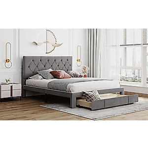 FEELHOME Queen Size Storage Bed with Drawer, Velvet Upholstered Platform Bed Frame with A Big Drawer and Headboard, Wooden Slat Support, Bedroom Furniture, Grey
