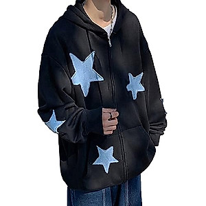 Fepege Star Hoodie Men Y4K Harajuku Grunge Jacket Casual Oversized Sweatershirt Cute Cardigan Alt Streetwear (Black, L)