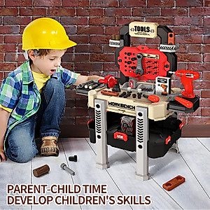 Deejoy Kids Tool Bench with Realistic Tools and Electric Drill, 79 Pcs Transformable Kids Tool Set with Clothes, Toddler Tool Bench Pretend Play Learning Gift for Boys & Girls Age 3-5 (Yellow)